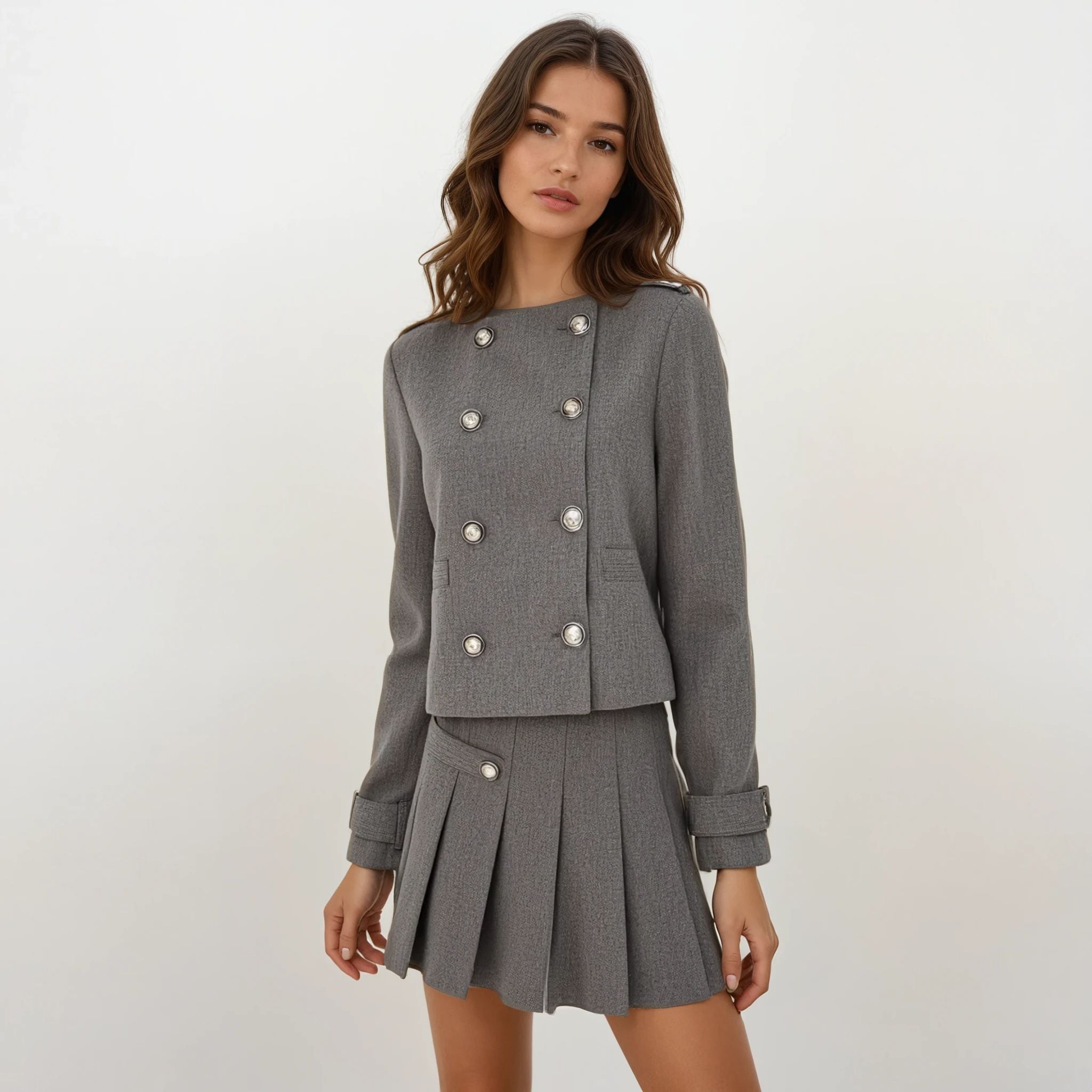 Isobel Grey Wool-Blend Jacket with Pleated Skirt – Eyse